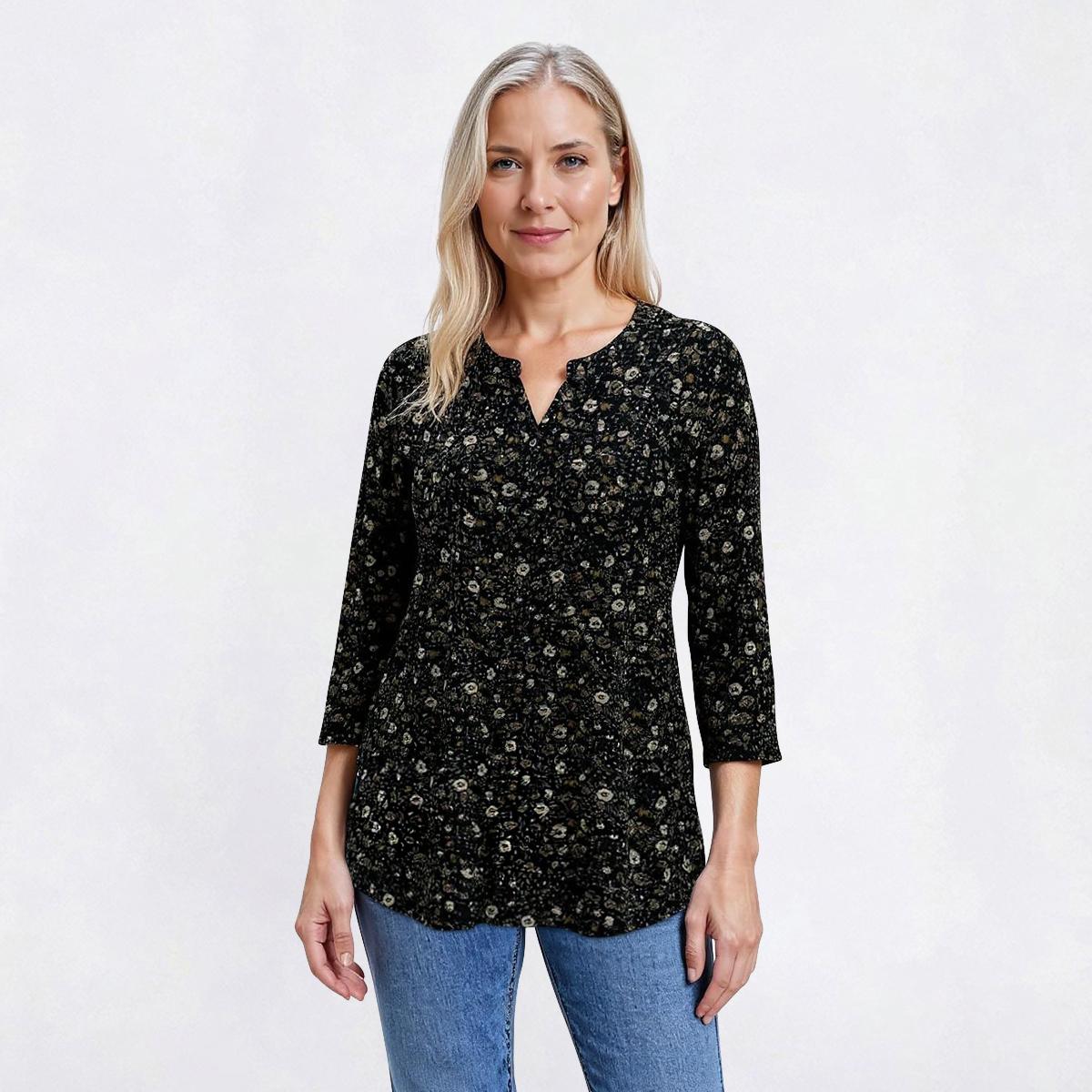 Click here for Plus Size Napa Valley 3/4 Sleeve Small Floral Plea... prices